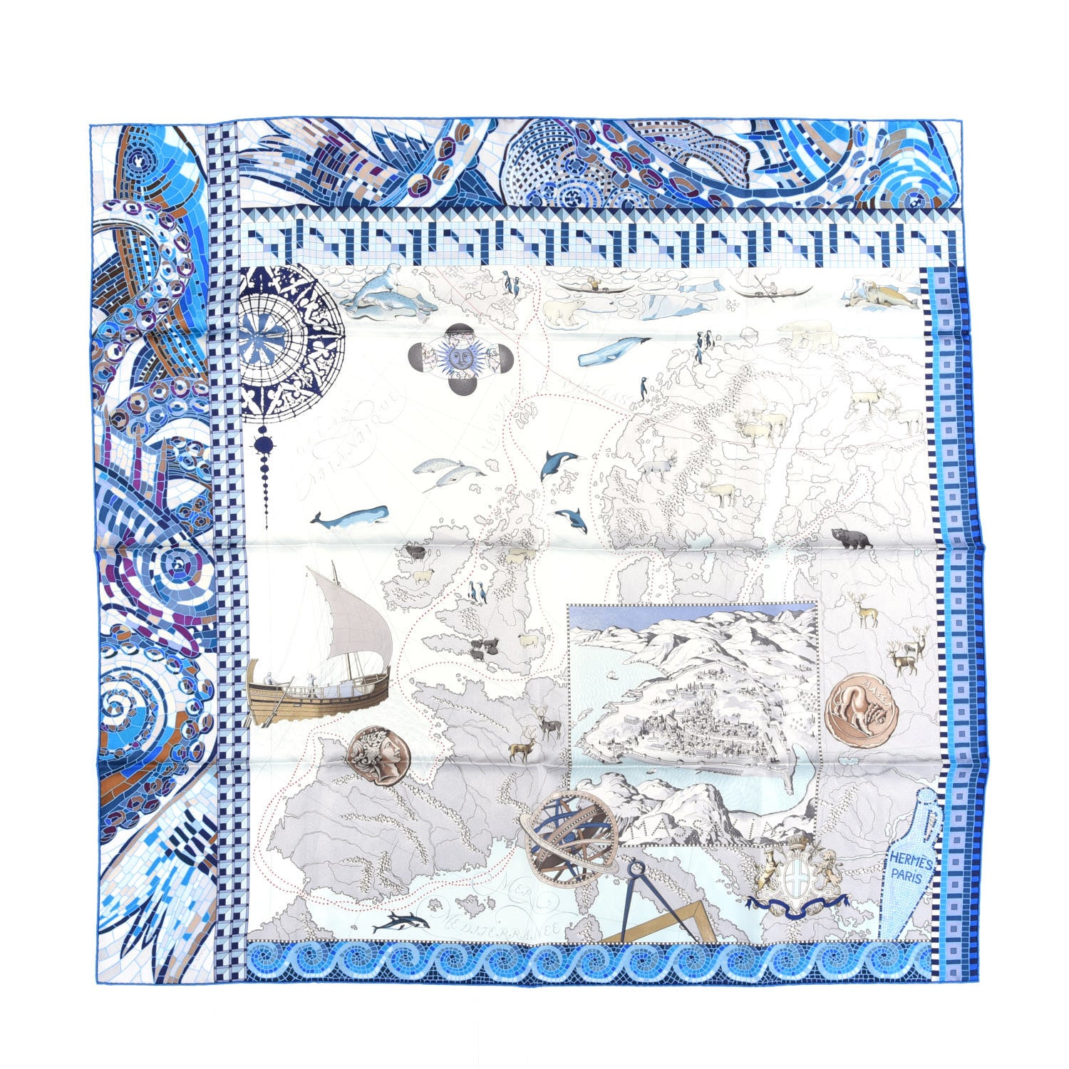 Hermes Silk Le Voyage De Pytheas Scarf 90 Cobalt Lagon Gris 816098 ...