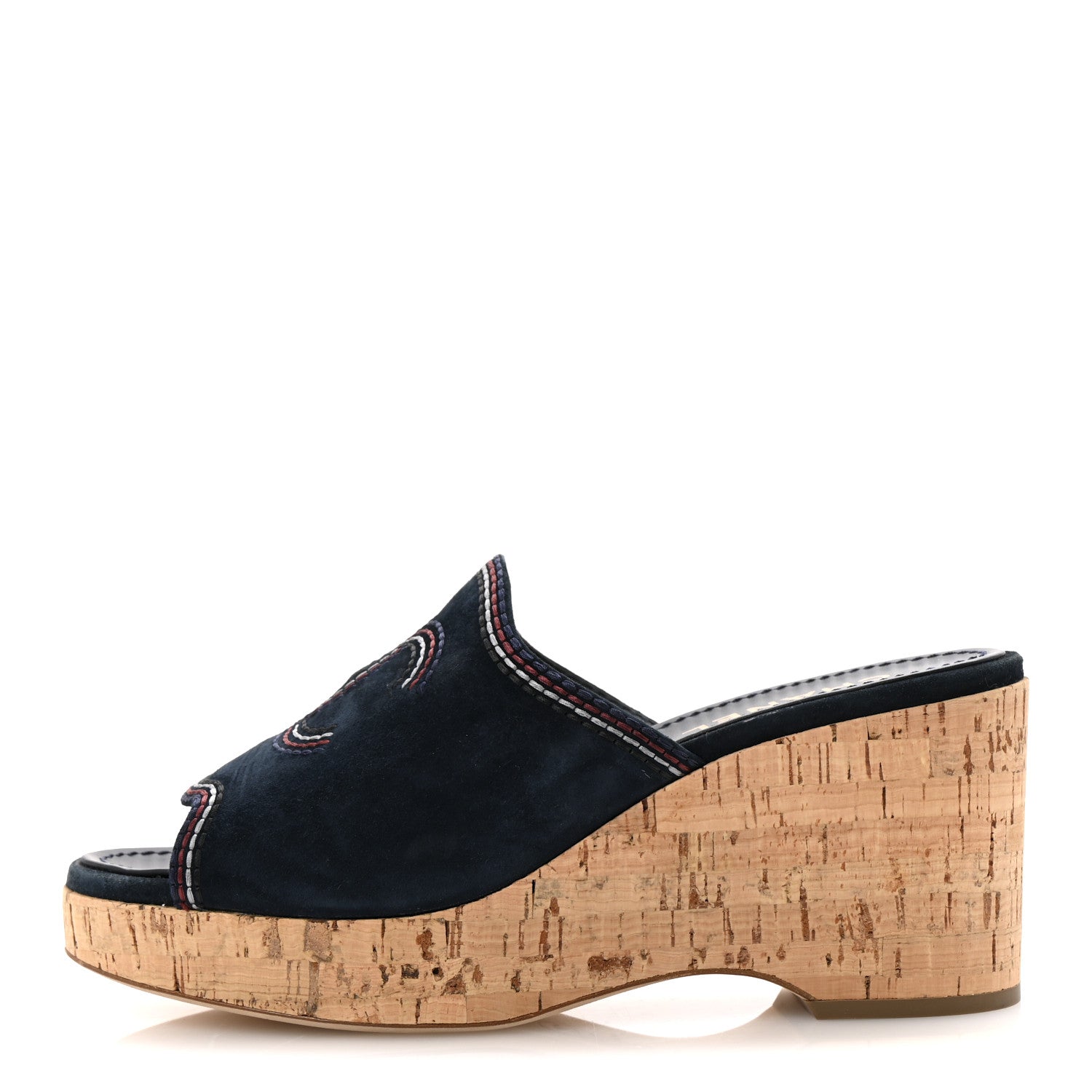 Chanel Suede Calfskin Cork CC Wedge Sandal 39 Navy Blue 1763854 ...