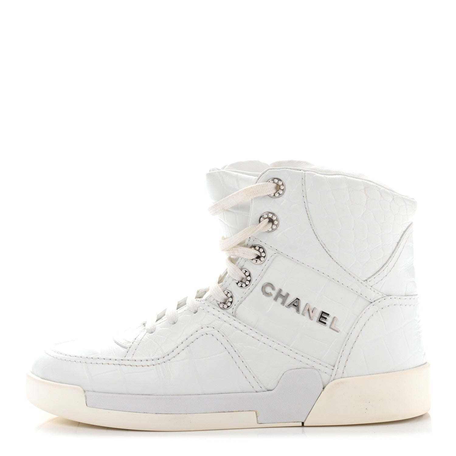 Chanel Calfskin Crocodile Embossed Cocodile High Top Sneakers 38 White ...