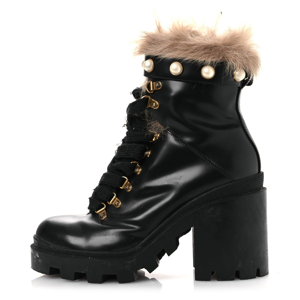 Gucci Magnum Calfskin Fur Pearl Lace Up Combat Ankle Boots 39.5 Black ...