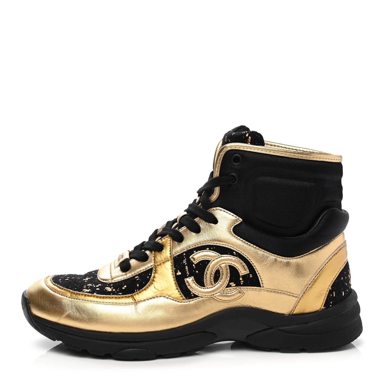 Chanel Satin Lambskin Fabric Tweed CC High Top Sneakers 39.5 Black Gold ...