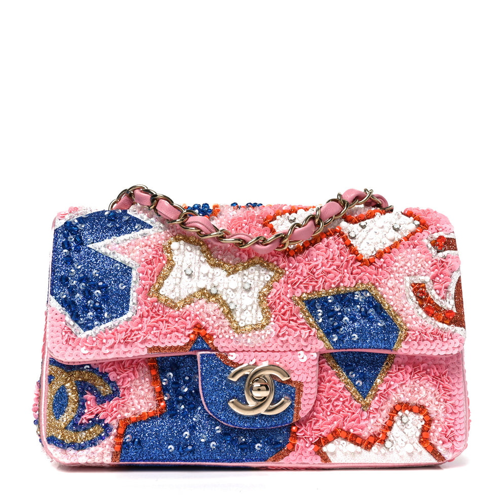 Chanel Satin Sequin Embellished Mini Rectangular Flap Pink White Blue ...