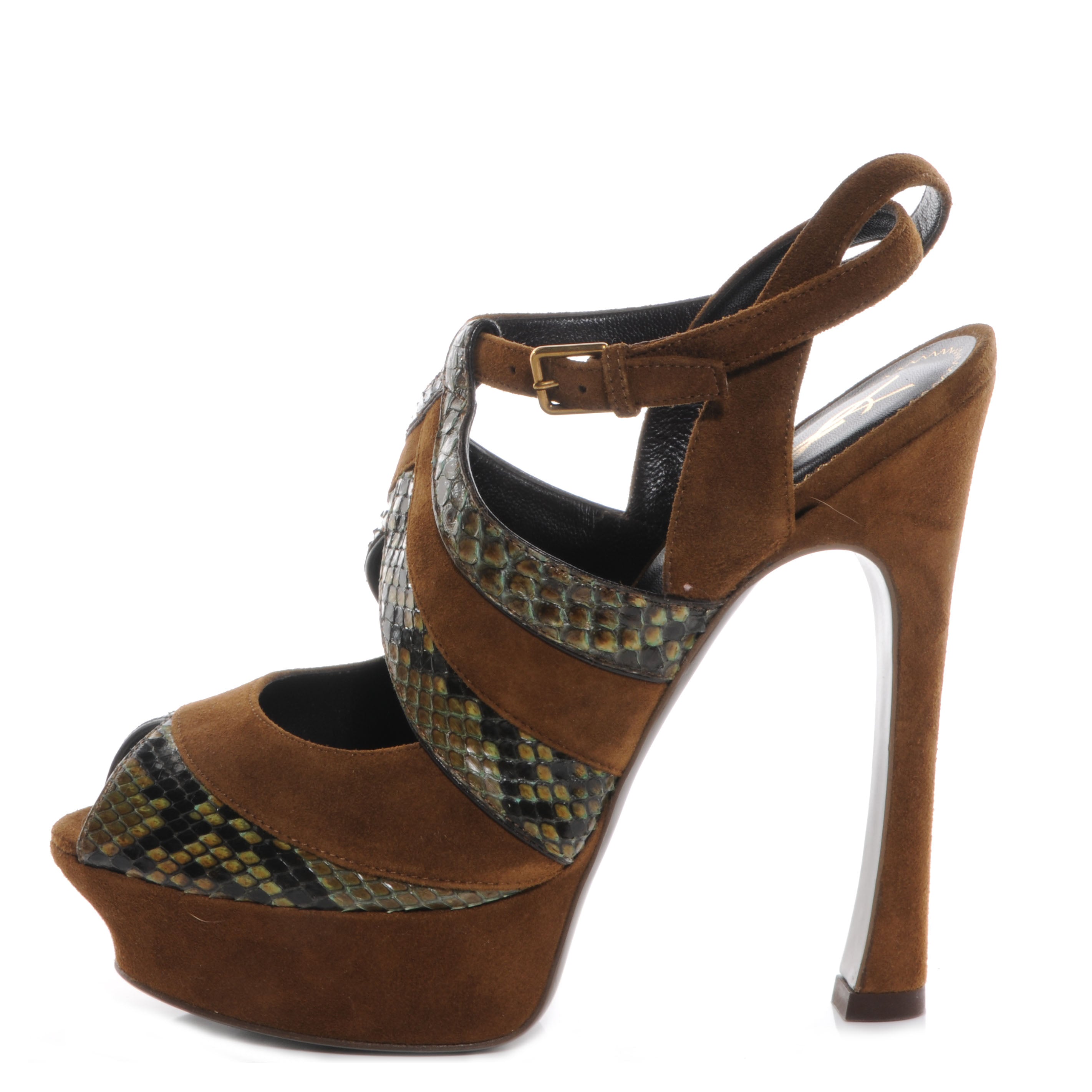Saint Laurent Suede Python Palais 105 Heels Tobacco and Verde 39 63143 ...