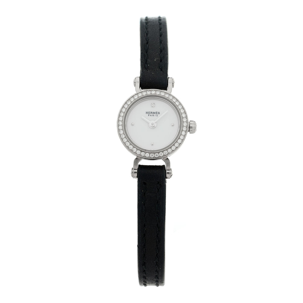 Hermes 18K White Gold Barenia Diamond 16mm Faubourg Quartz Watch Noir ...