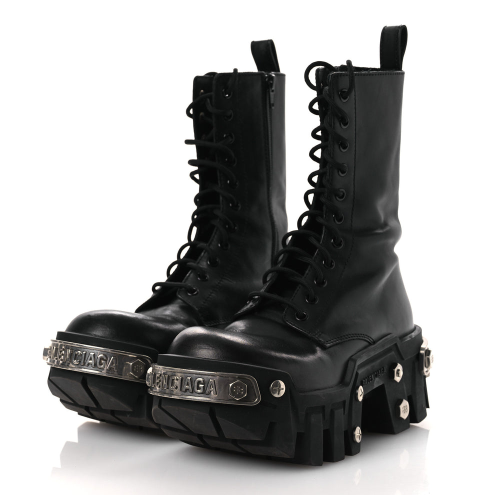 Balenciaga Calfskin Womens Bulldozer Metal Toe Lace Up Boots 37 Black ...