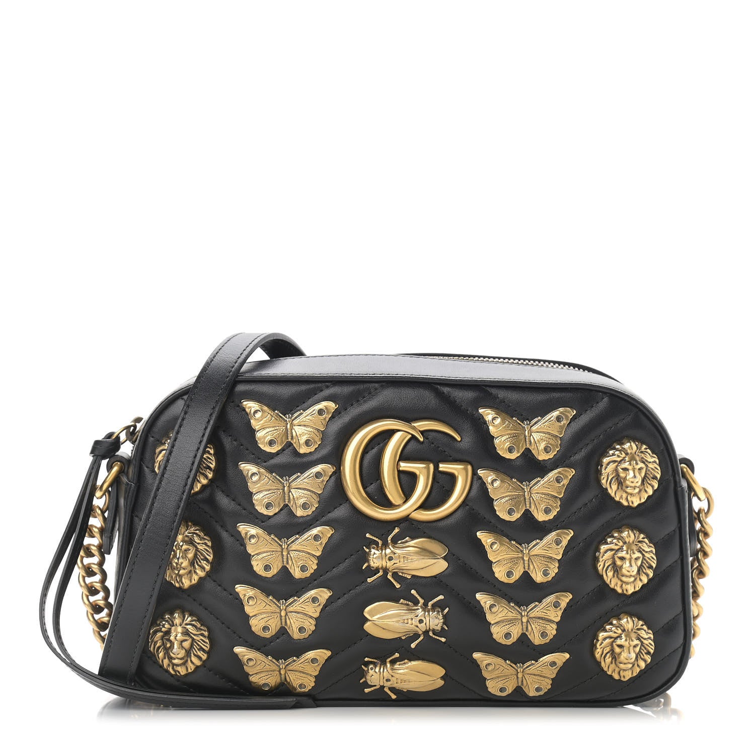Gucci Calfskin Matelasse Animal Studs Small GG Marmont Chain Shoulder ...