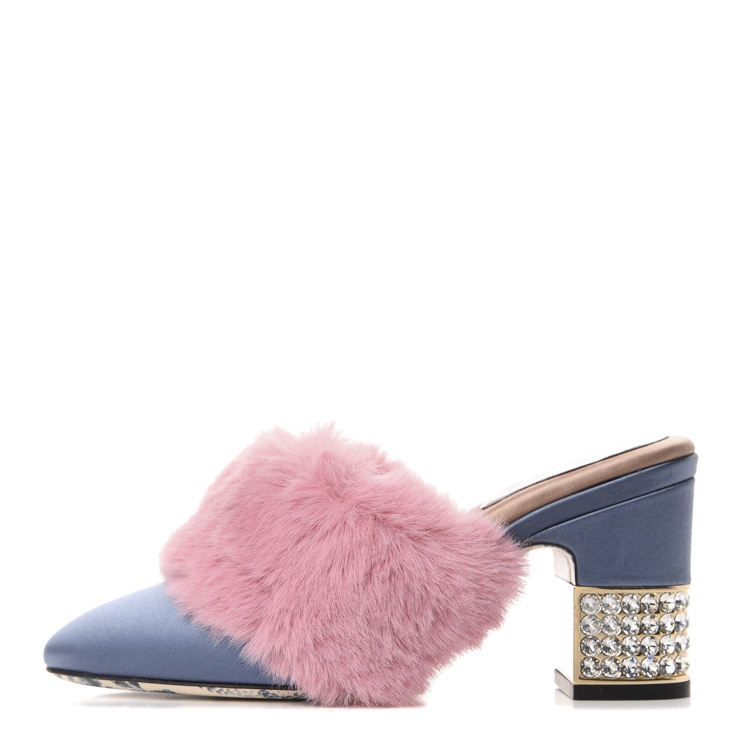 Gucci Faux Fur Silk Satin Crystal Candy Mules 35 Rosa Carta Zucchero ...