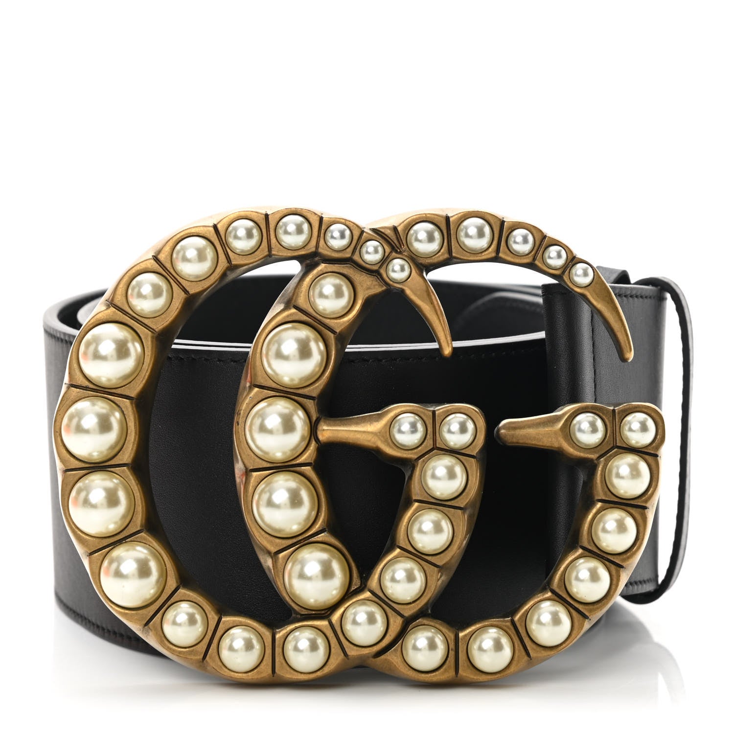 Gucci Moon Calfskin Pearl Double G 70mm Belt 90 36 Black Cream 1174647 ...
