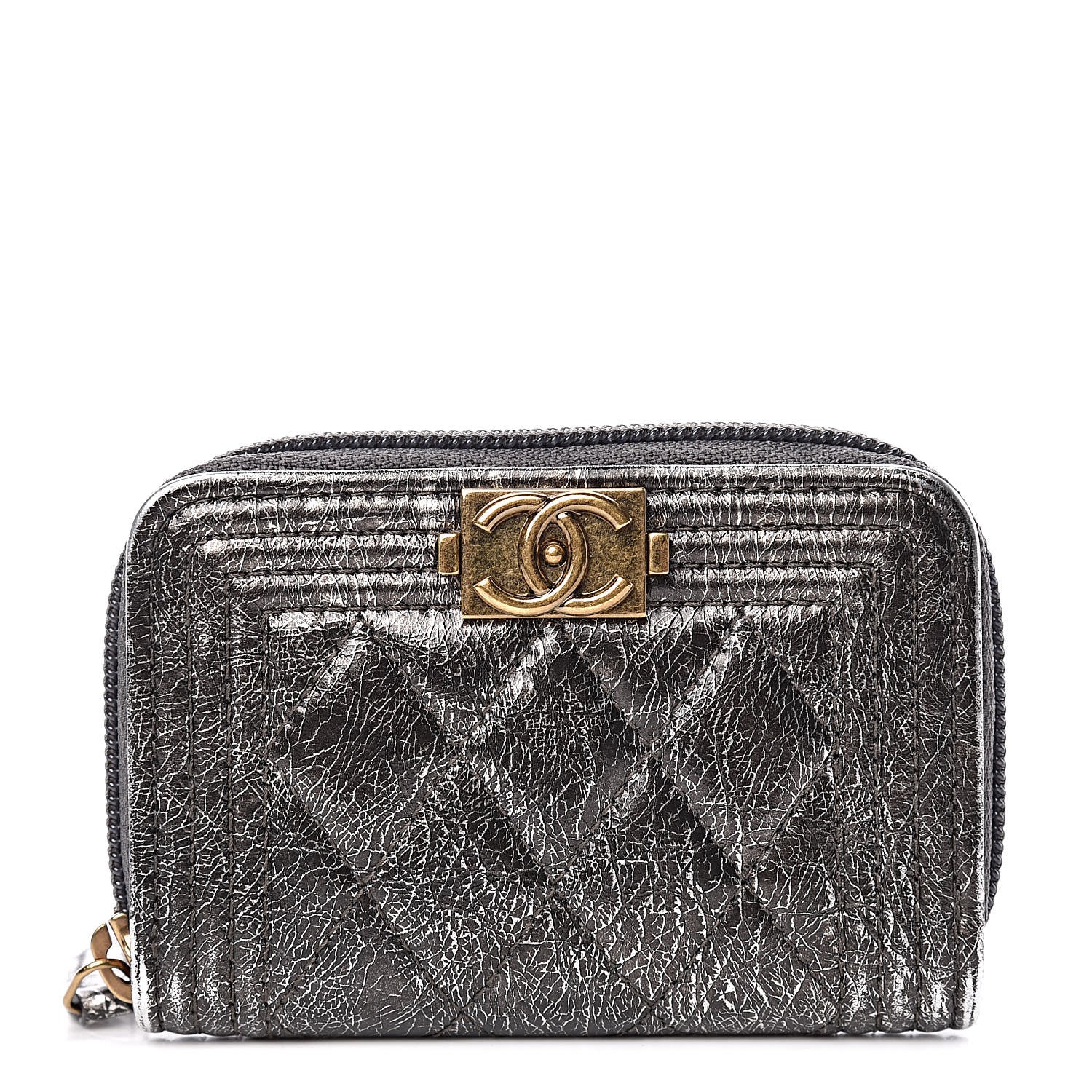 Chanel Cracked Metallic Calfskin Quilted Boy Zip Around Coin Purse ...