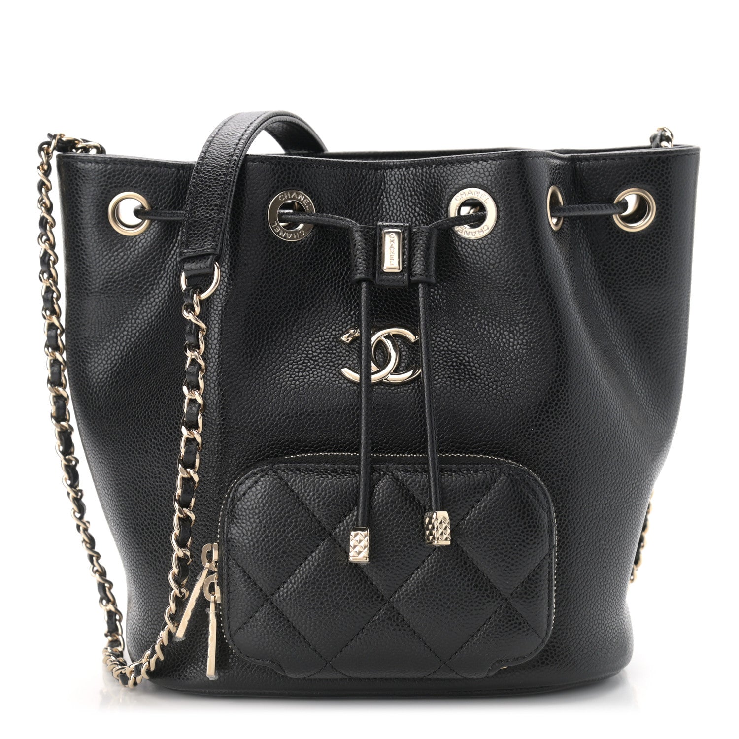 Chanel Caviar Quilted CC Pocket Bucket Bag Black 1106989 – FASHIONPHILE