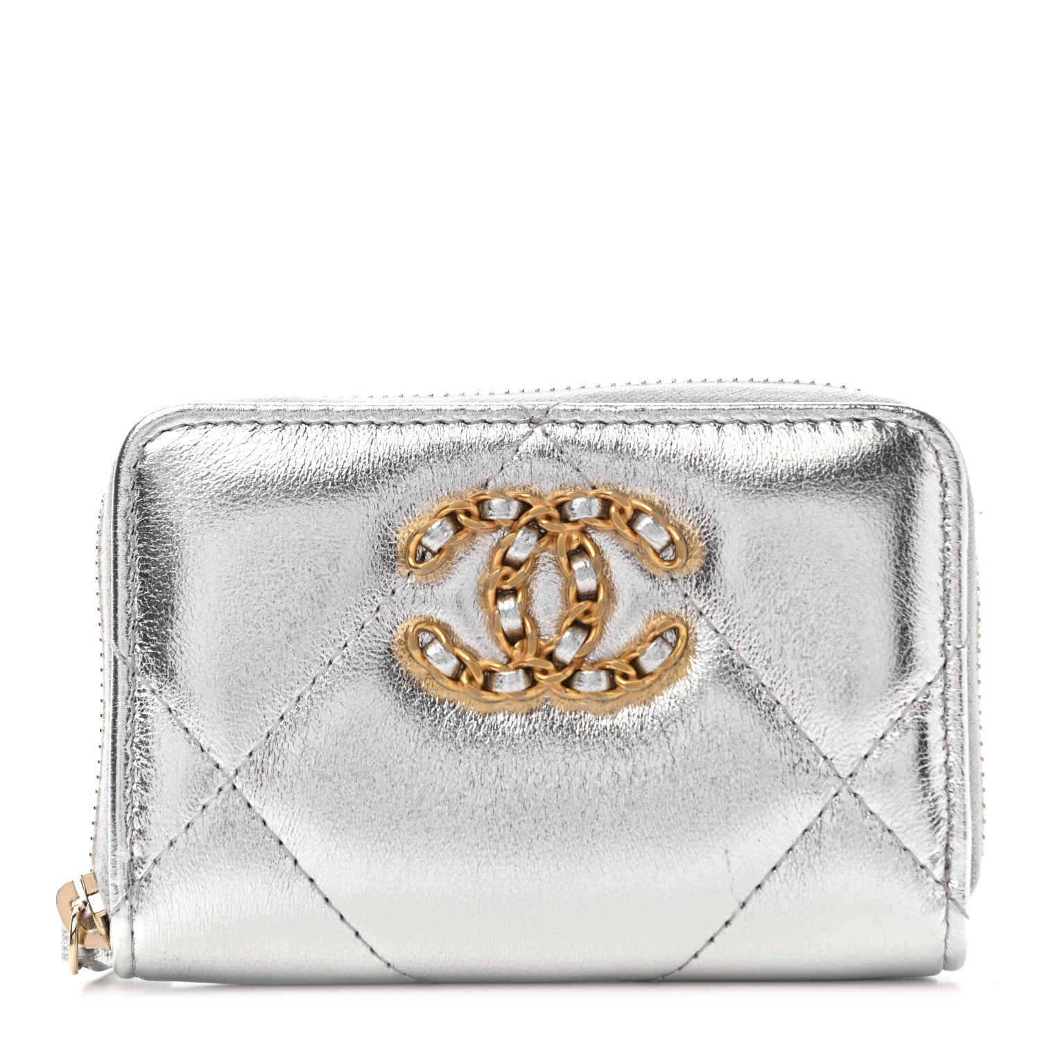 Chanel Metallic Lambskin Quilted Chanel 19 Zip Around Coin Purse Wallet ...