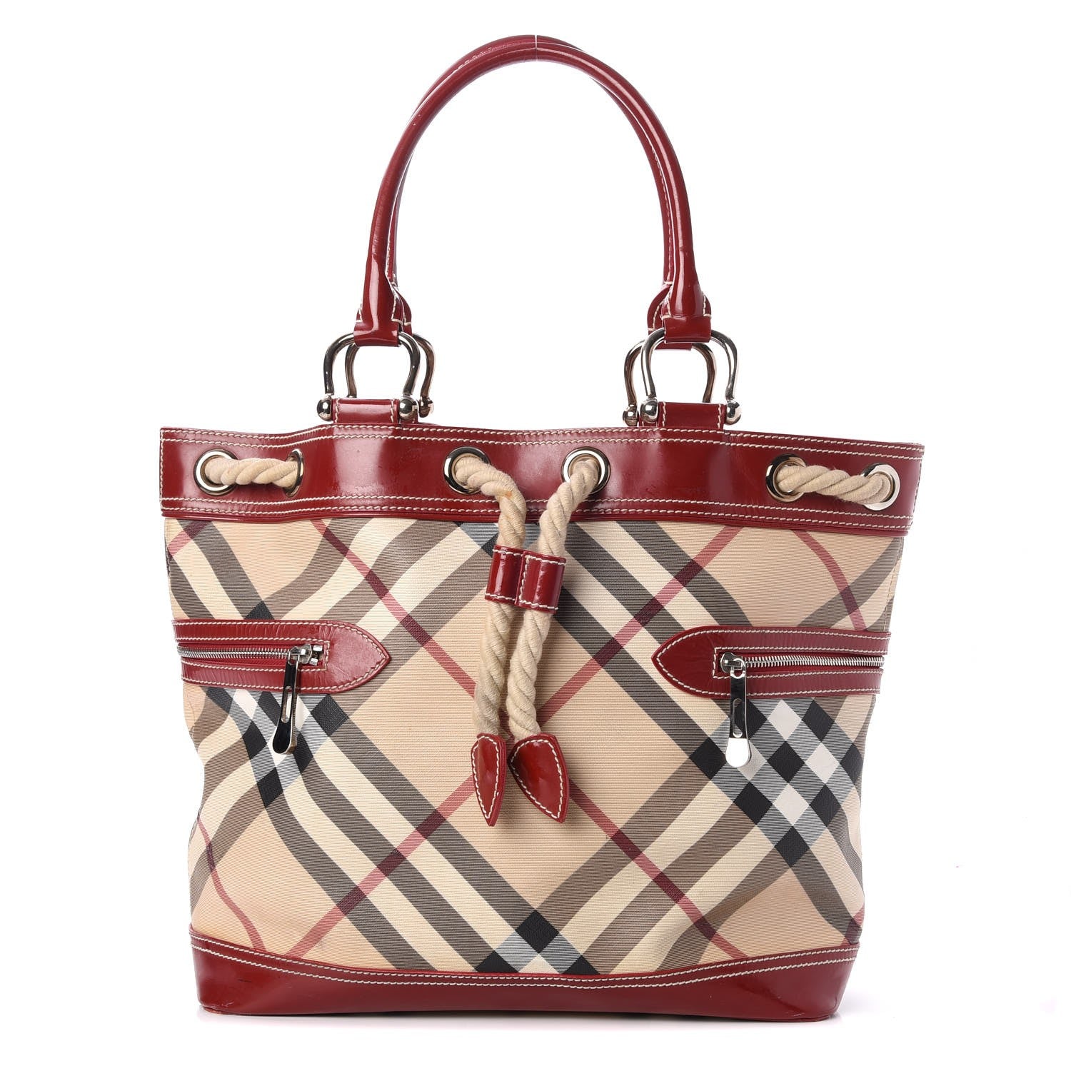 Burberry Patent Nova Check Nautical Tote Berry Red 269915 – FASHIONPHILE