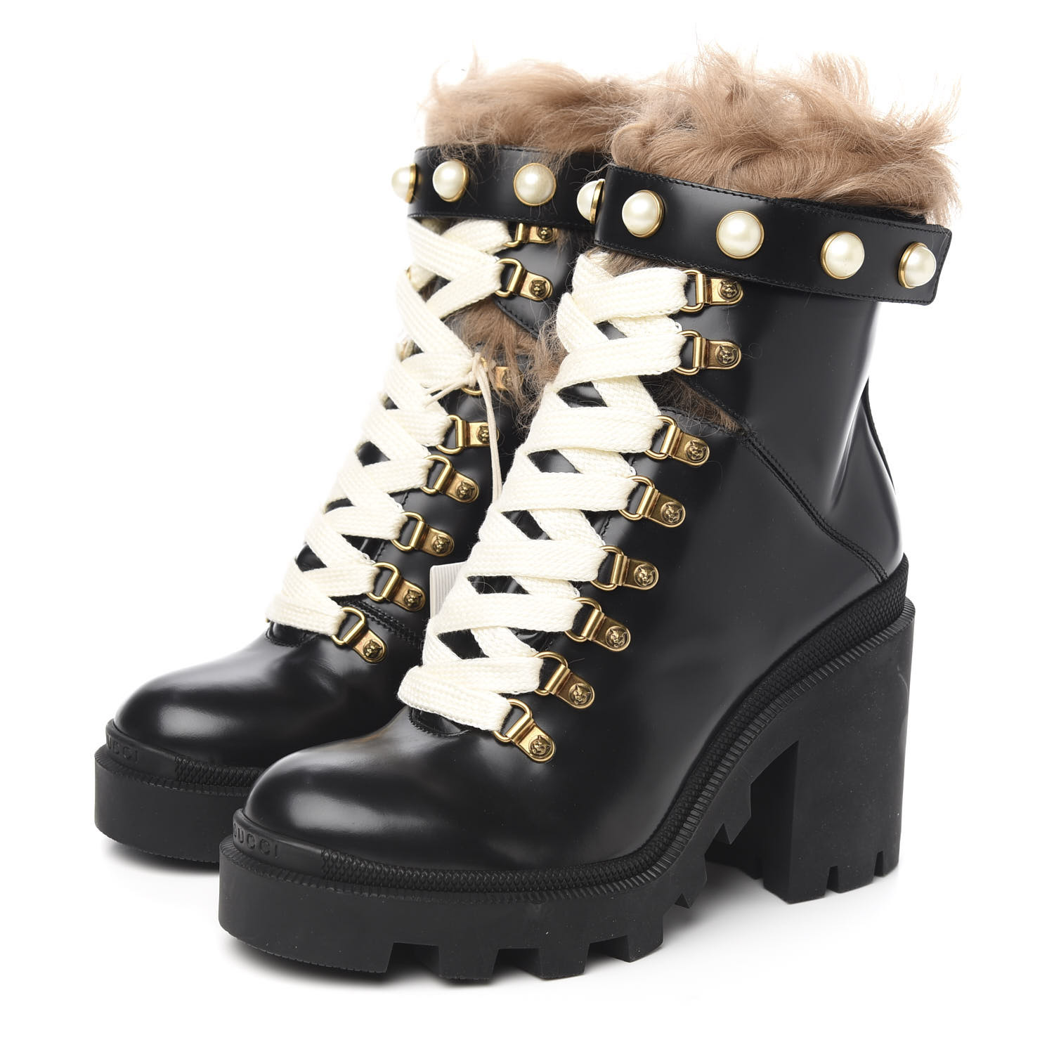 Gucci Calfskin Fur Pearl Lace Up Combat Ankle Boots 37 Black 579868