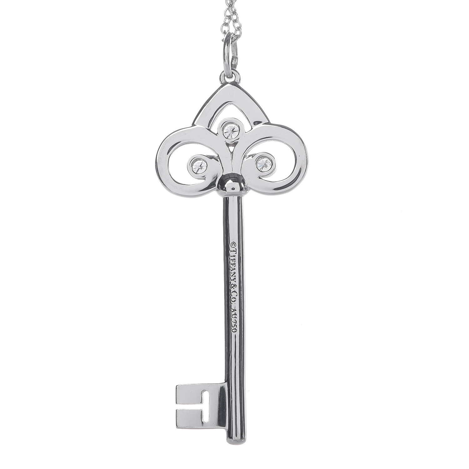 Tiffany 18k White Gold Diamond Fleur De Lis Key Pendant Necklace 436730
